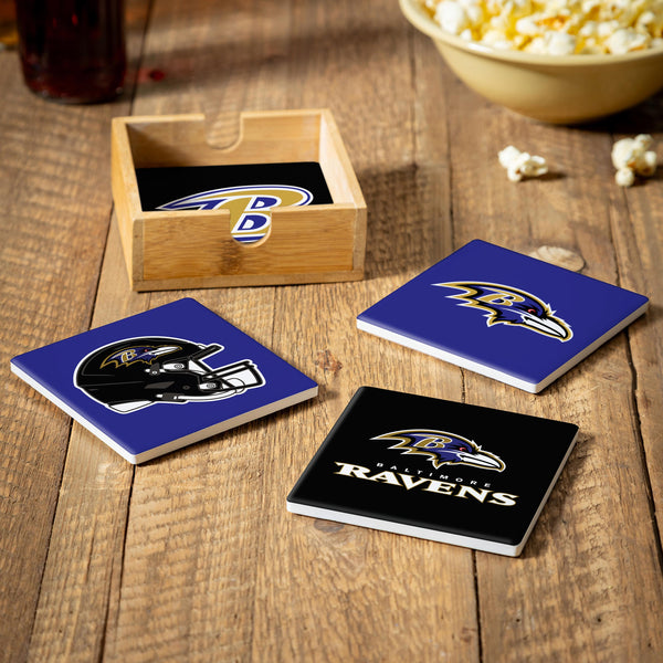 Baltimore Ravens Coaster Set 4 Piece with Wood Caddy – Team Fan Cave